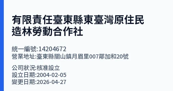 有限責任臺東縣東臺灣原住民造林勞動合作社的照片-統編 14204672(臺東縣) 公司登記資料與營業項目詳細圖表