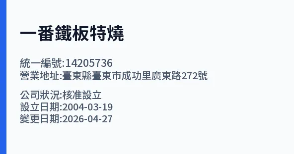 一番鐵板特燒的照片-統編 14205736(臺東縣) 公司登記資料與營業項目詳細圖表