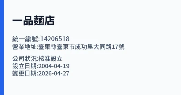 一品麵店的照片-統編 14206518(臺東縣) 公司登記資料與營業項目詳細圖表