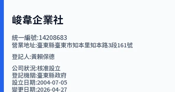 峻韋企業社的照片-統編 14208683(臺東縣) 公司登記資料與營業項目詳細圖表