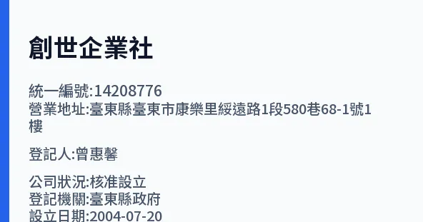 創世企業社的照片-統編 14208776(臺東縣) 公司登記資料與營業項目詳細圖表