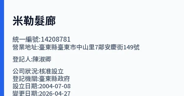 米勒髮廊的照片-統編 14208781(臺東縣) 公司登記資料與營業項目詳細圖表