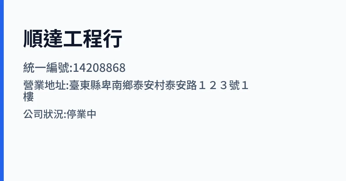 順達工程行 - 統編 14208868（臺東縣） 公司登記資料與營業項目詳細圖表