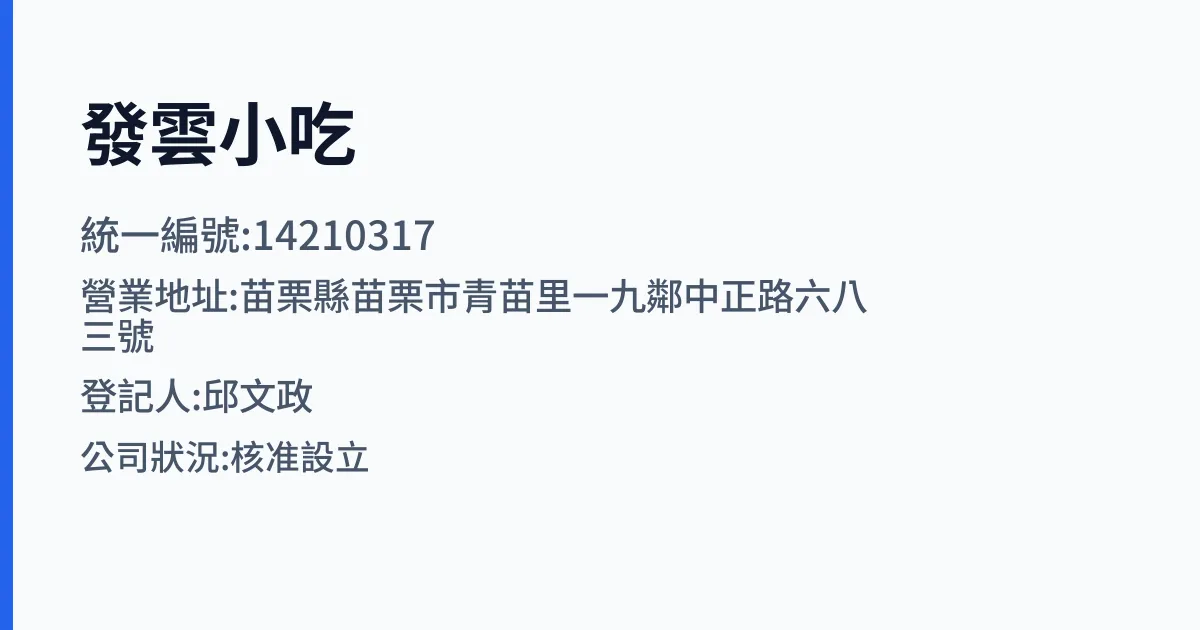 發雲小吃 - 統編 14210317(苗栗縣) 公司登記資料與營業項目詳細圖表