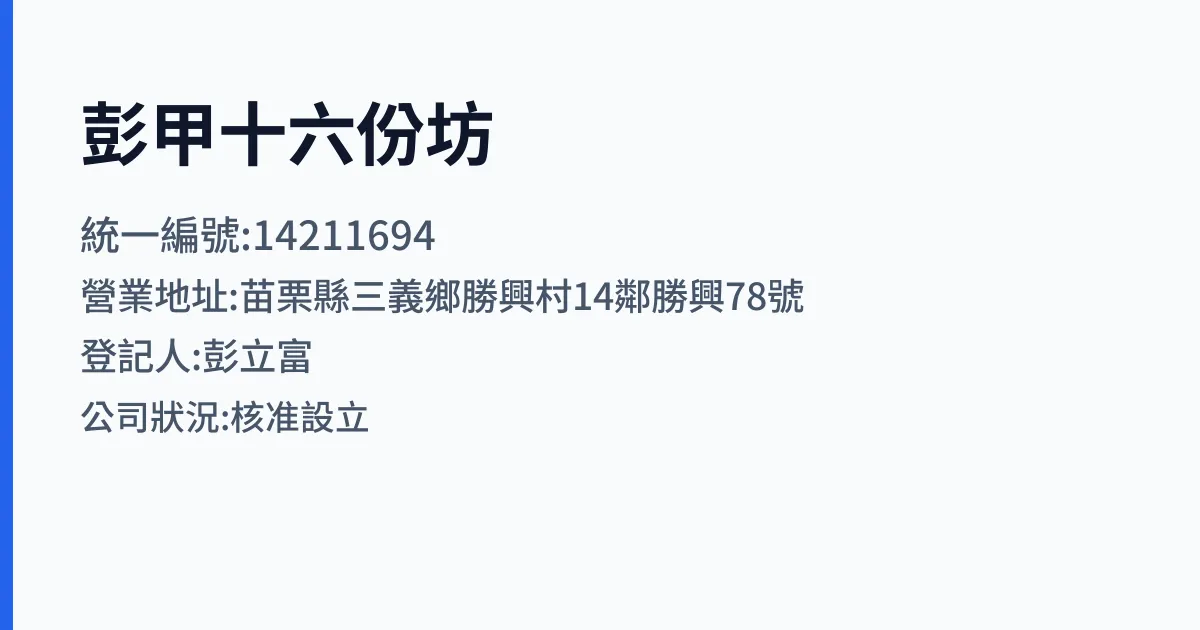 彭甲十六份坊 - 統編 14211694(苗栗縣) 公司登記資料與營業項目詳細圖表