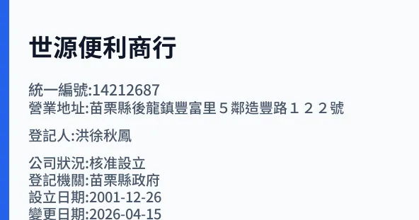 世源便利商行的照片-統編 14212687(苗栗縣) 公司登記資料與營業項目詳細圖表
