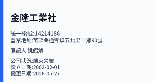 金隆工業社的照片-統編 14214186(苗栗縣) 公司登記資料與營業項目詳細圖表