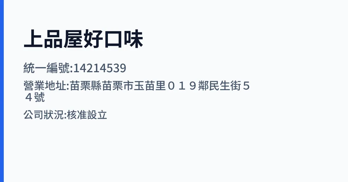 上品屋好口味 - 統編 14214539(苗栗縣) 公司登記資料與營業項目詳細圖表