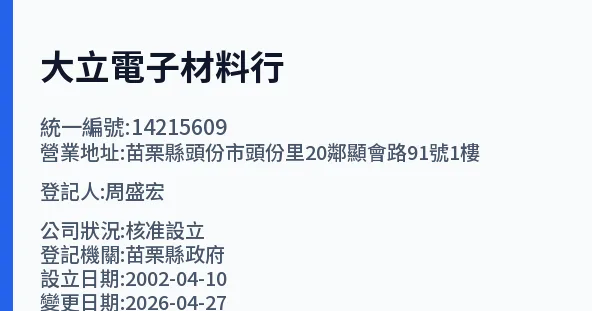 大立電子材料行的照片-統編 14215609(苗栗縣) 公司登記資料與營業項目詳細圖表