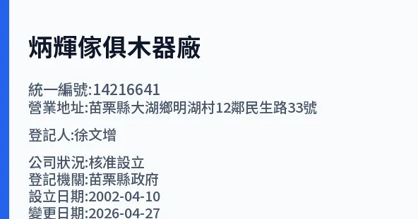 炳輝傢俱木器廠的照片-統編 14216641(苗栗縣) 公司登記資料與營業項目詳細圖表