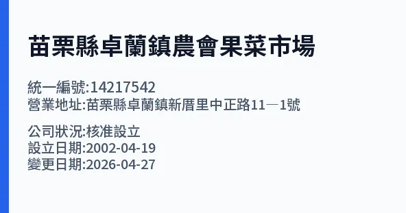 苗栗縣卓蘭鎮農會果菜市場的照片-統編 14217542(苗栗縣) 公司登記資料與營業項目詳細圖表