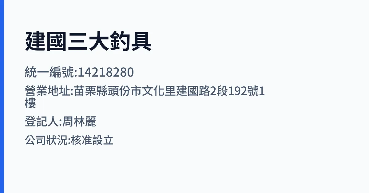 建國三大釣具 - 統編 14218280(苗栗縣) 公司登記資料與營業項目詳細圖表