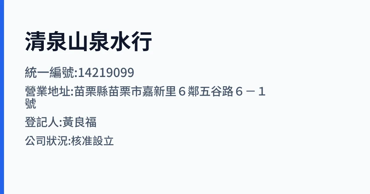 清泉山泉水行 - 統編 14219099(苗栗縣) 公司登記資料與營業項目詳細圖表
