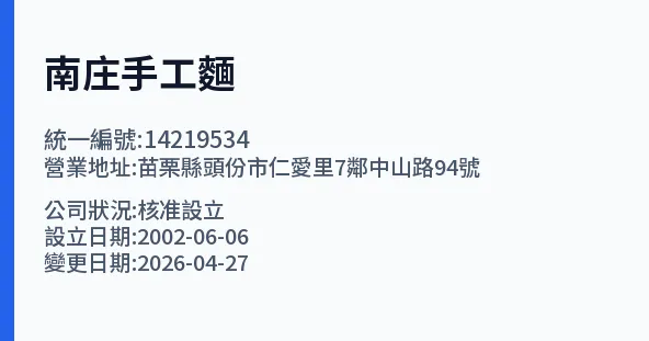 南庄手工麵的照片-統編 14219534(苗栗縣) 公司登記資料與營業項目詳細圖表