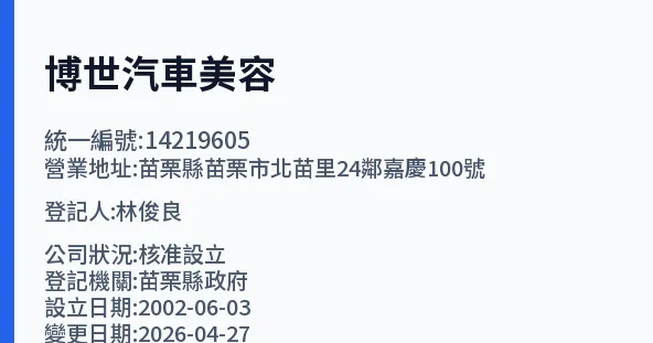 博世汽車美容的照片-統編 14219605(苗栗縣) 公司登記資料與營業項目詳細圖表