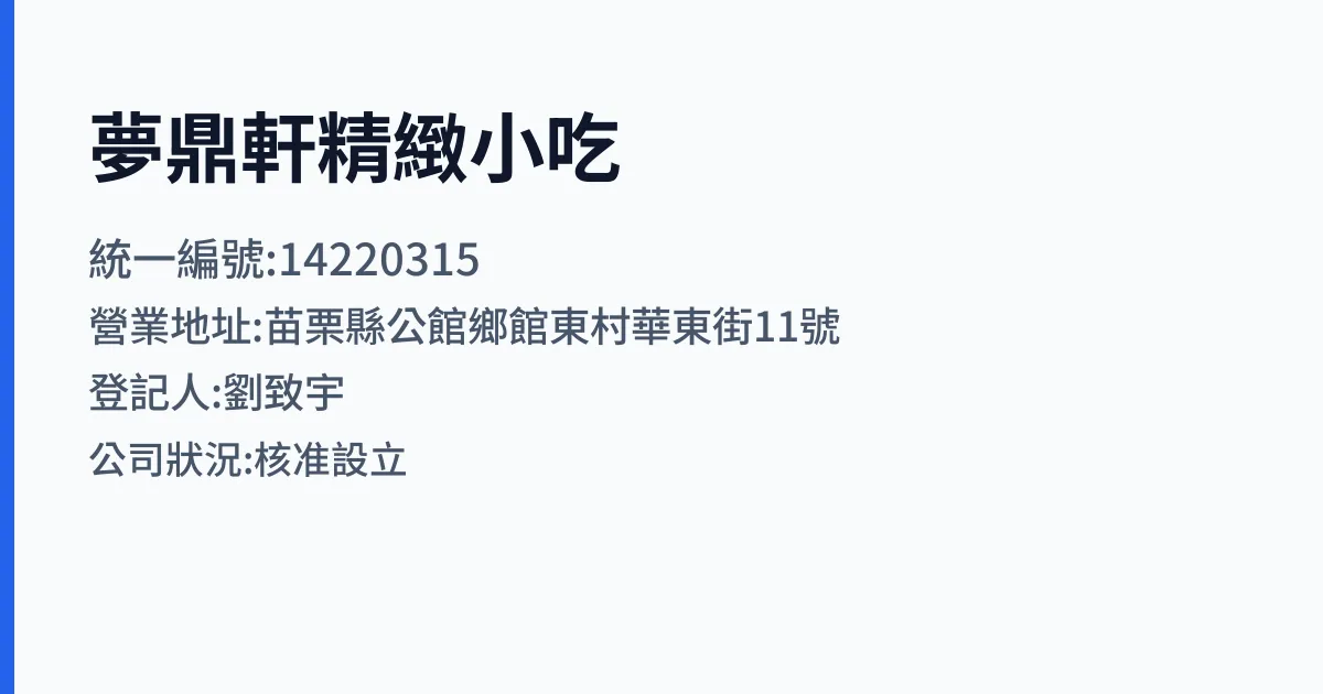 夢鼎軒精緻小吃 - 統編 14220315(苗栗縣) 公司登記資料與營業項目詳細圖表