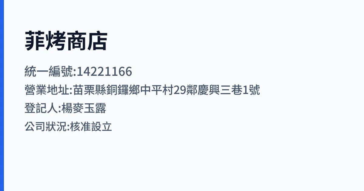 菲烤商店 - 統編 14221166(苗栗縣) 公司登記資料與營業項目詳細圖表