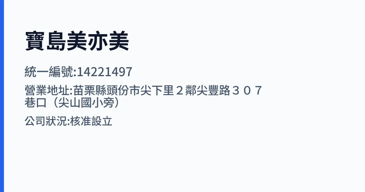 寶島美亦美 - 統編 14221497(苗栗縣) 公司登記資料與營業項目詳細圖表