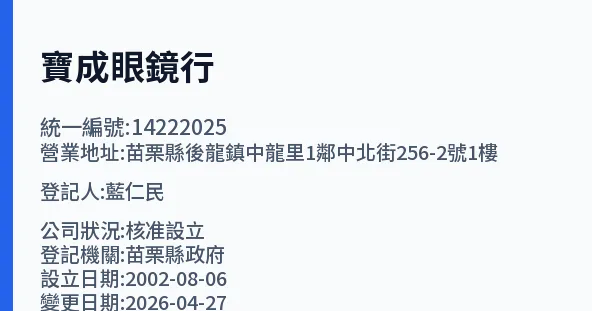 寶成眼鏡行的照片-統編 14222025(苗栗縣) 公司登記資料與營業項目詳細圖表