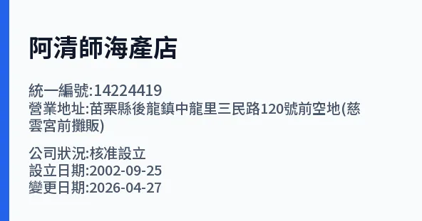 阿清師海產店的照片-統編 14224419(苗栗縣) 公司登記資料與營業項目詳細圖表