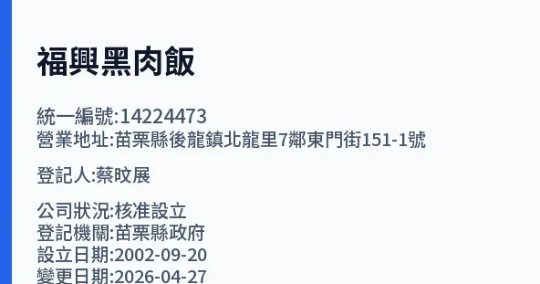 福興黑肉飯的照片-統編 14224473(苗栗縣) 公司登記資料與營業項目詳細圖表