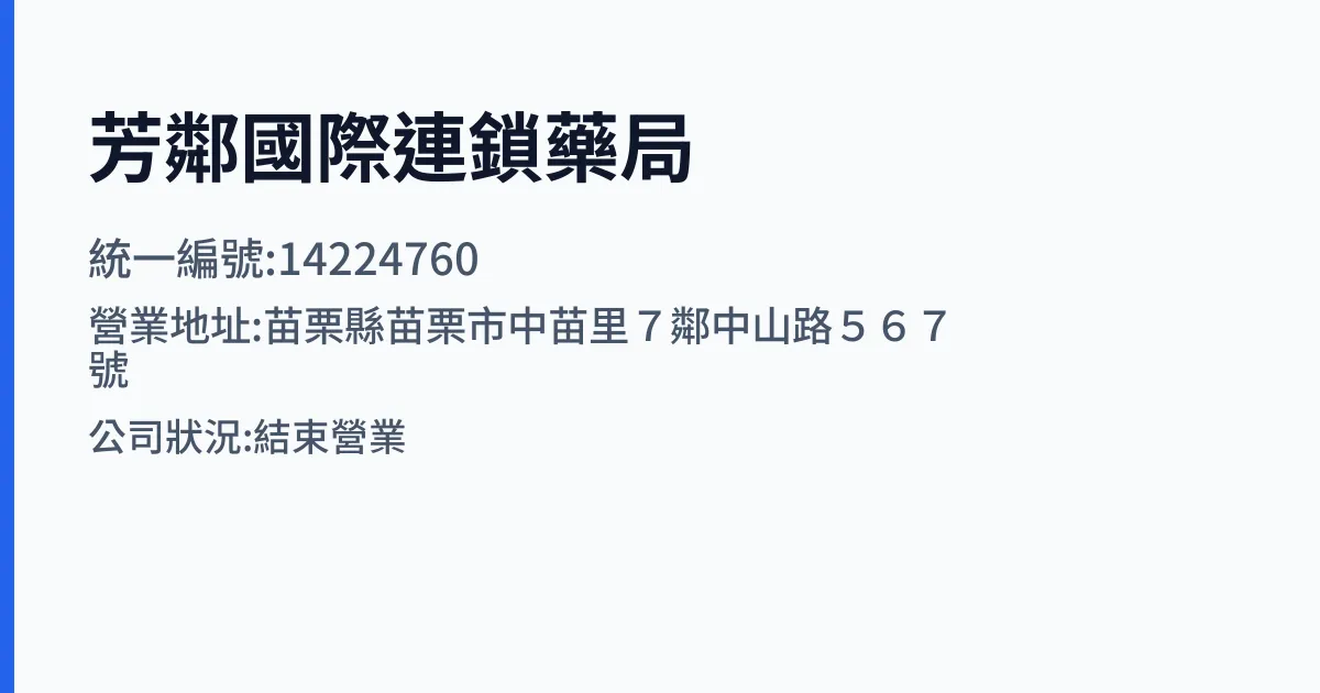 芳鄰國際連鎖藥局 - 統編 14224760(苗栗縣) 公司登記資料與營業項目詳細圖表