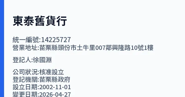 東泰舊貨行的照片-統編 14225727(苗栗縣) 公司登記資料與營業項目詳細圖表
