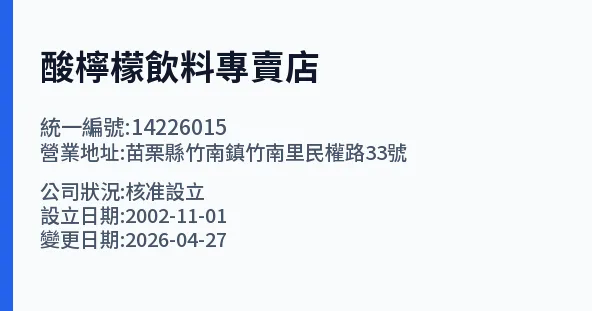酸檸檬飲料專賣店的照片-統編 14226015(苗栗縣) 公司登記資料與營業項目詳細圖表