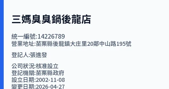 三媽臭臭鍋後龍店的照片-統編 14226789(苗栗縣) 公司登記資料與營業項目詳細圖表