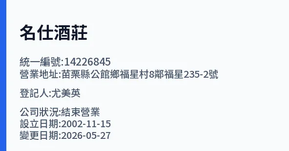 名仕酒莊的照片-統編 14226845(苗栗縣) 公司登記資料與營業項目詳細圖表