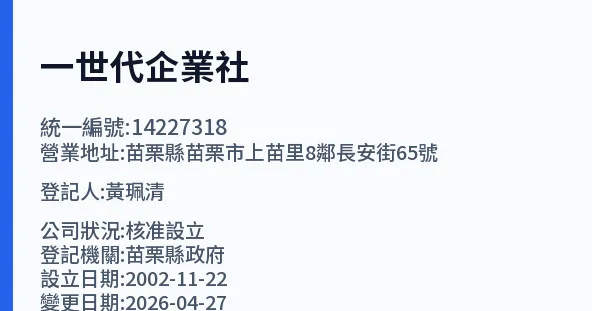 一世代企業社的照片-統編 14227318(苗栗縣) 公司登記資料與營業項目詳細圖表
