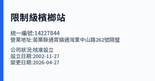 限制級檳榔站的照片-統編 14227844(苗栗縣) 公司登記資料與營業項目詳細圖表