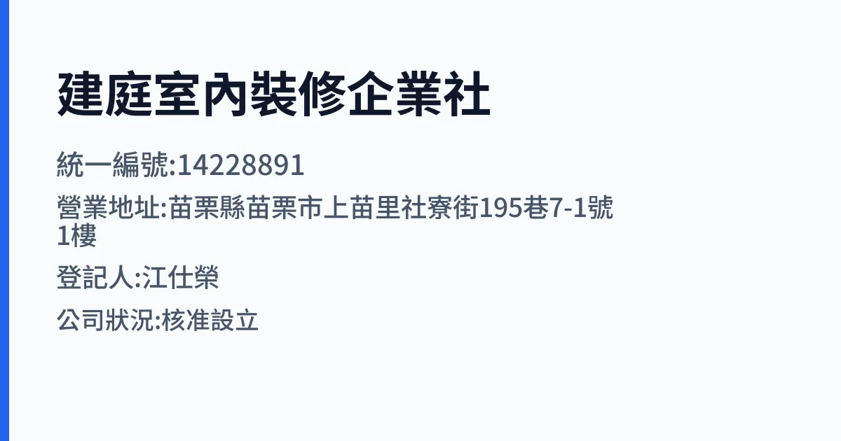 建庭室內裝修企業社 - 統編 14228891(苗栗縣) 公司登記資料與營業項目詳細圖表