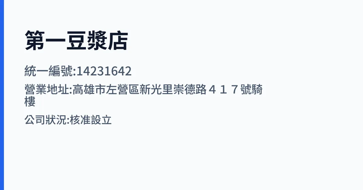 第一豆漿店 - 統編 14231642(高雄市) 公司登記資料與營業項目詳細圖表