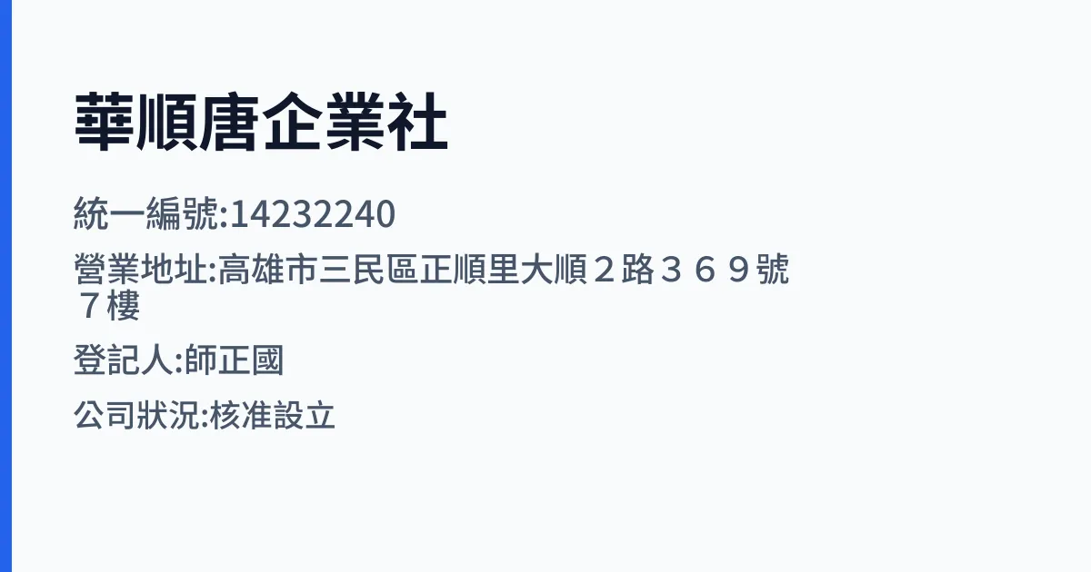 華順唐企業社 - 統編 14232240(高雄市) 公司登記資料與營業項目詳細圖表