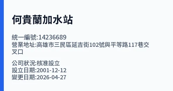 何貴蘭加水站的照片-統編 14236689(高雄市) 公司登記資料與營業項目詳細圖表
