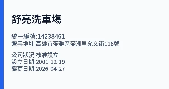 舒亮洗車塲的照片-統編 14238461(高雄市) 公司登記資料與營業項目詳細圖表