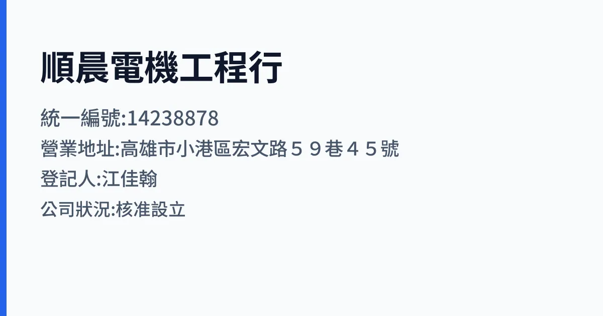 順晨電機工程行 - 統編 14238878(高雄市) 公司登記資料與營業項目詳細圖表