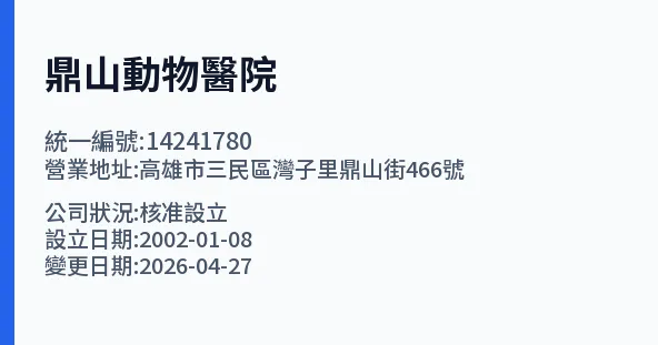 鼎山動物醫院的照片-統編 14241780(高雄市) 公司登記資料與營業項目詳細圖表