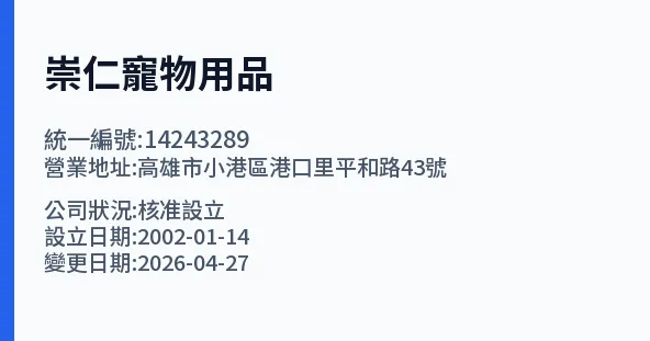 崇仁寵物用品的照片-統編 14243289(高雄市) 公司登記資料與營業項目詳細圖表