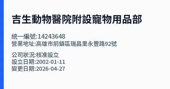 吉生動物醫院附設寵物用品部的照片-統編 14243648(高雄市) 公司登記資料與營業項目詳細圖表