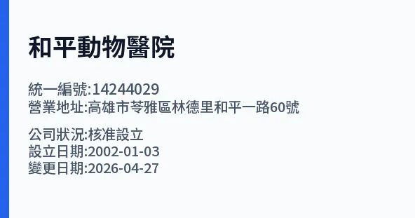 和平動物醫院的照片-統編 14244029(高雄市) 公司登記資料與營業項目詳細圖表