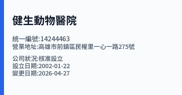 健生動物醫院的照片-統編 14244463(高雄市) 公司登記資料與營業項目詳細圖表