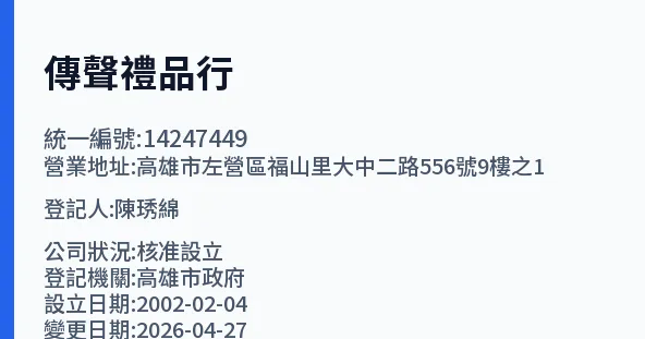 傳聲禮品行的照片-統編 14247449(高雄市) 公司登記資料與營業項目詳細圖表