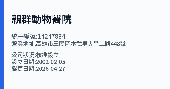 親群動物醫院的照片-統編 14247834(高雄市) 公司登記資料與營業項目詳細圖表
