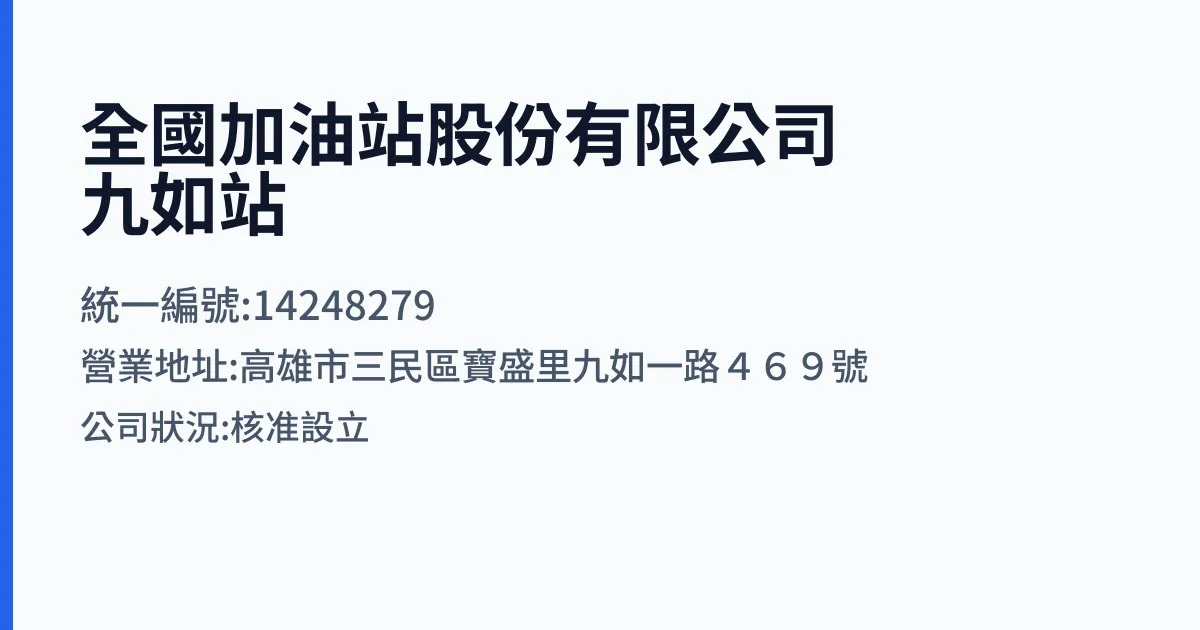 全國加油站股份有限公司九如站 - 統編 14248279(高雄市) 公司登記資料與營業項目詳細圖表