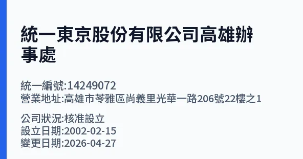 統一東京股份有限公司高雄辦事處的照片-統編 14249072(高雄市) 公司登記資料與營業項目詳細圖表