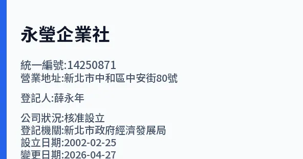 永瑩企業社的照片-統編 14250871(新北市) 公司登記資料與營業項目詳細圖表
