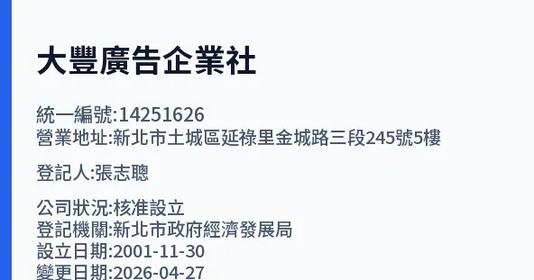大豐廣告企業社的照片-統編 14251626(新北市) 公司登記資料與營業項目詳細圖表