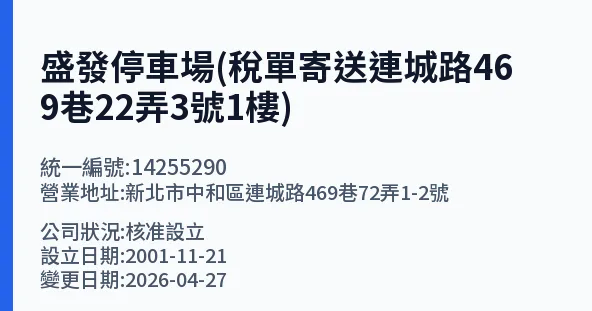 盛發停車場(稅單寄送連城路469巷22弄3號1樓)的照片-統編 14255290(新北市) 公司登記資料與營業項目詳細圖表